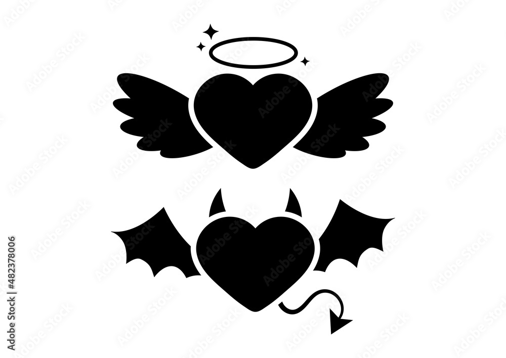 Angel and devil or demon heart black icon set isolated on white ...