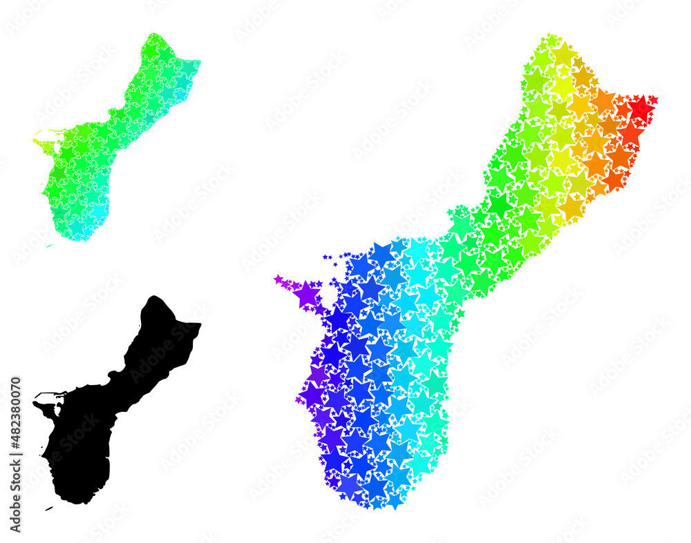 Spectrum gradient star collage map of Guam Island. Vector colored map ...