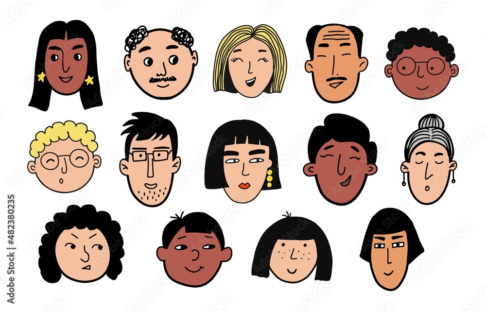 People Faces Doodle Set. Hand drawn avatars sketch. Different races ...