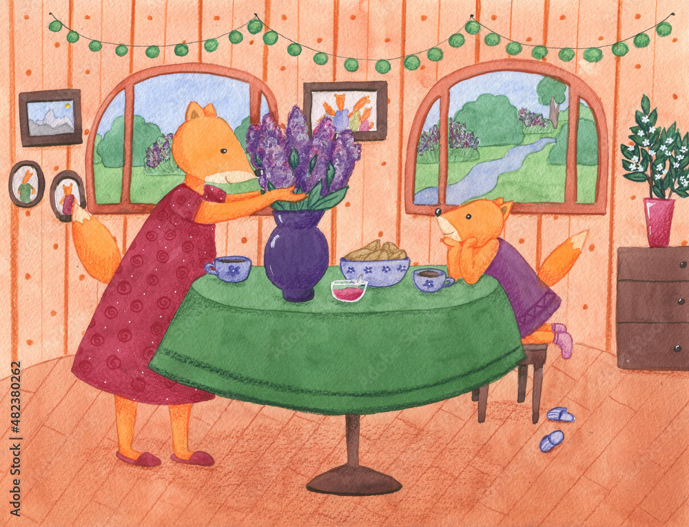 fox family in their dining room Stock Illustration | Adobe Stock