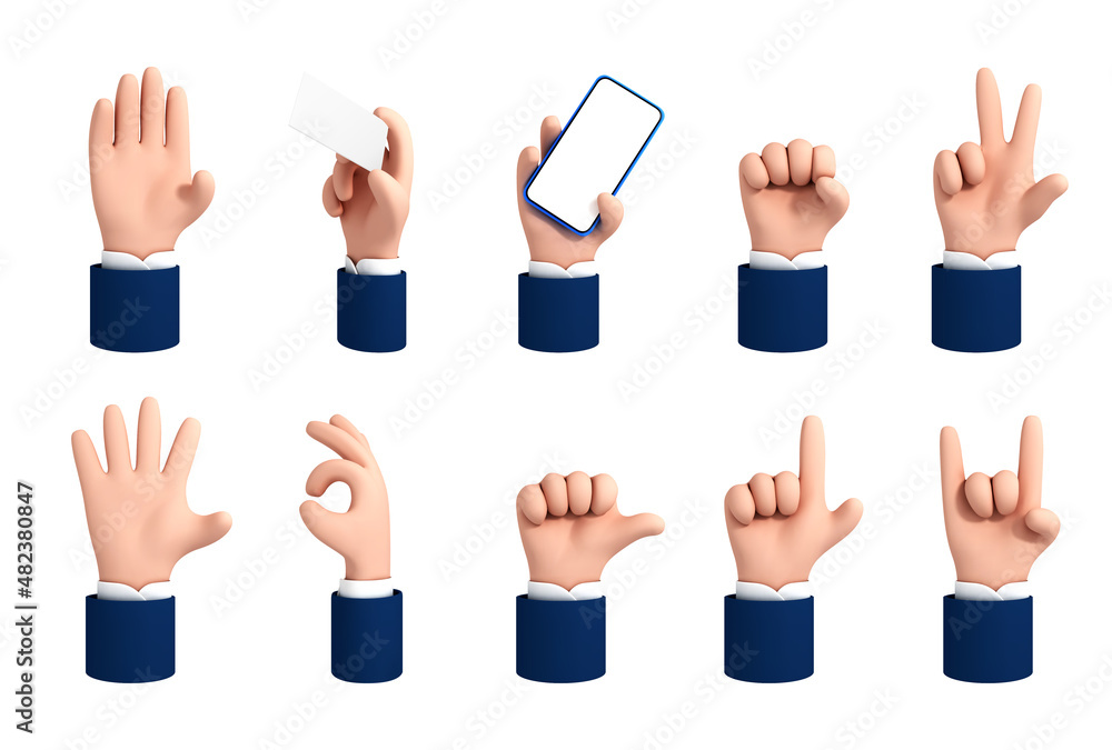 Set of cartoon 3d hands. Vector cartoon hand gestures isolated on white ...
