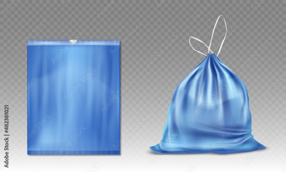 Blue plastic bag for trash and garbage. Vector realistic mockup of ...