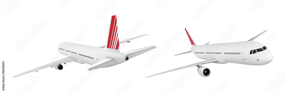 Realistic 3D model of an airplane flying in the air isolated on white ...