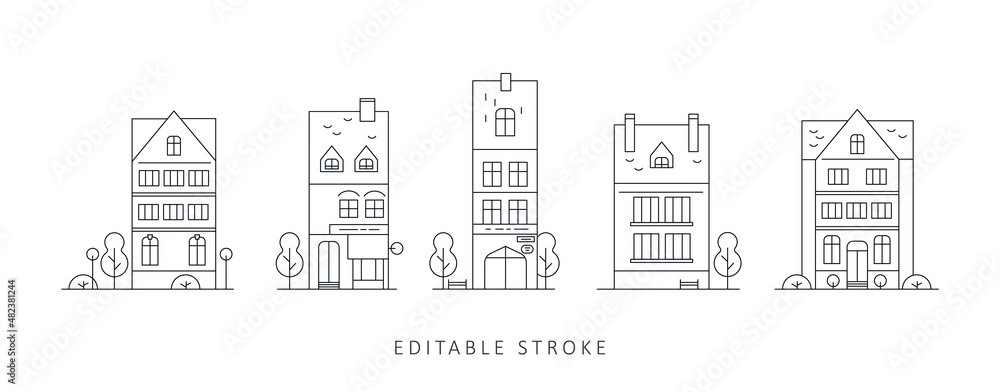 Neighborhood line art house icons. City street with buildings in front ...