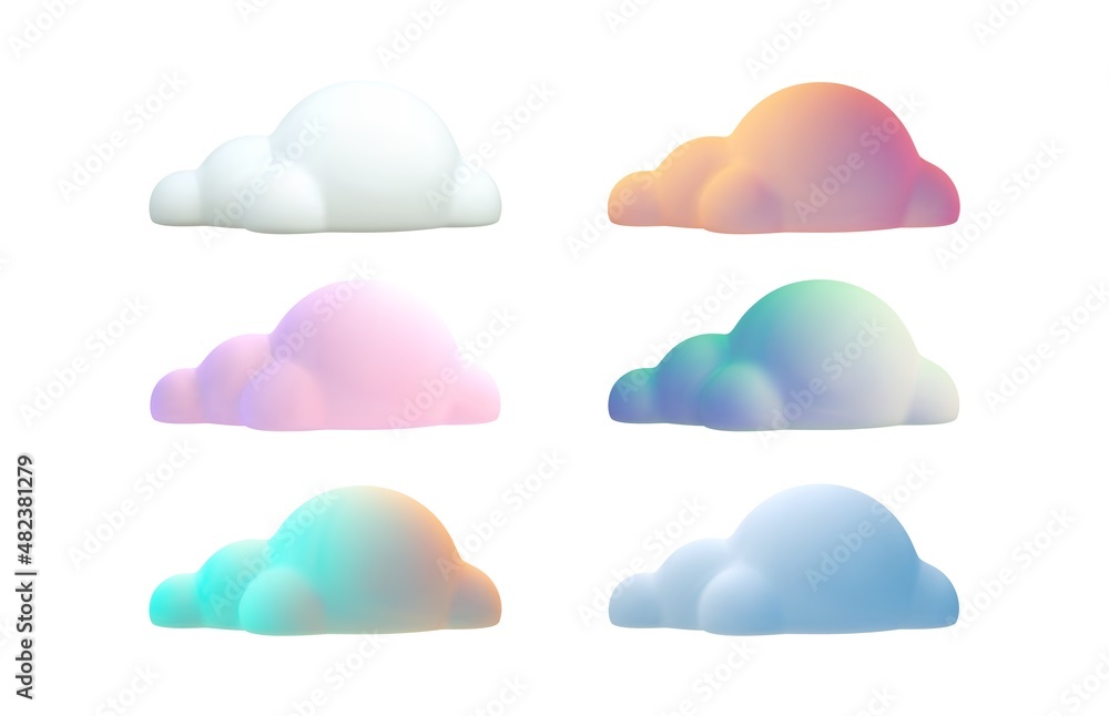 3d render multicolored clouds. Cartoon cloud shapes in different ...