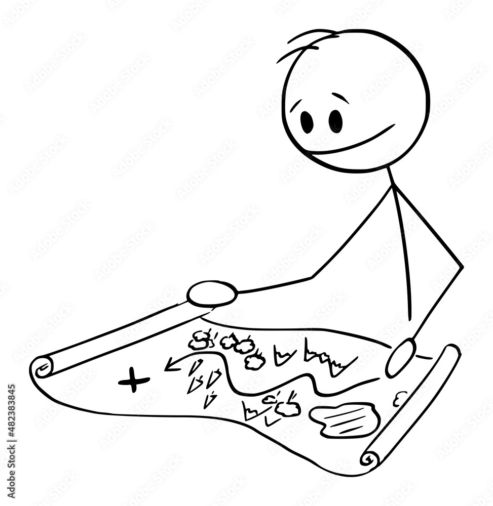Adventurer Examining Old Treasure Map, Vector Cartoon Stick Figure ...