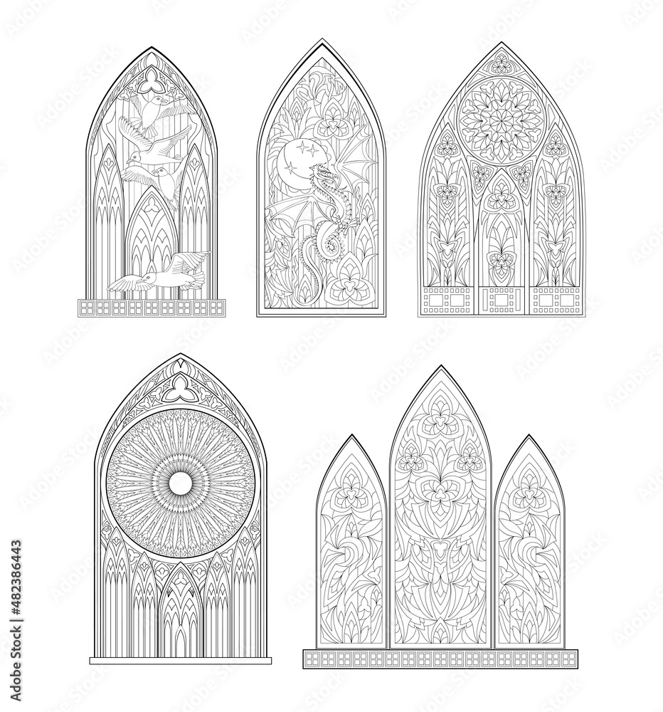 Set of beautiful medieval stained glass windows from French churches ...