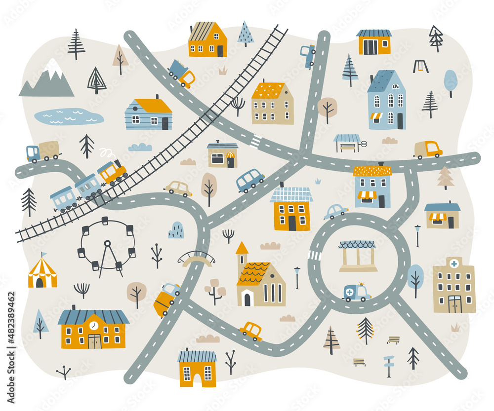 Poster Little town doodle map for nursery carpet – Wall Art | UkPosters