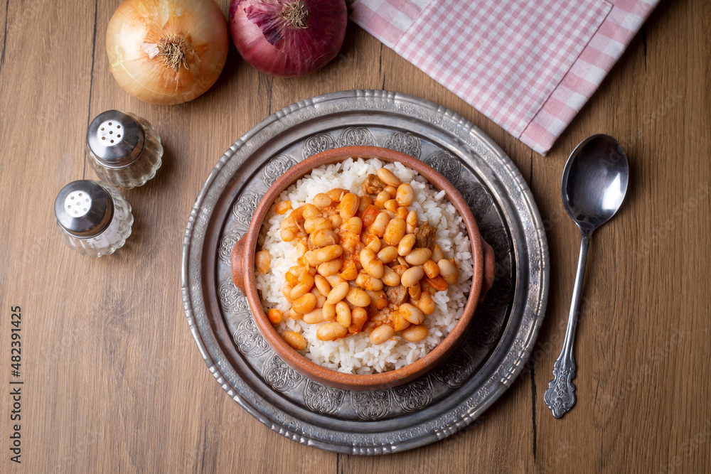 Traditional Turkish cuisine. Kuru Fasulye . Haricot Beans, rice and ...