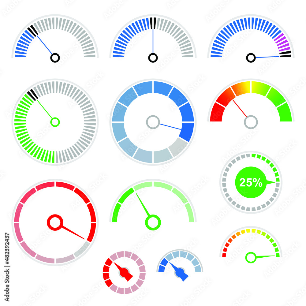 Set of icons of speedometers and dials for infographics. Indicators for ...