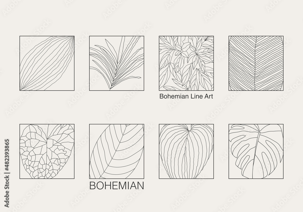 Minimalist botanical line art plant with leaves abstract collage Stock ...