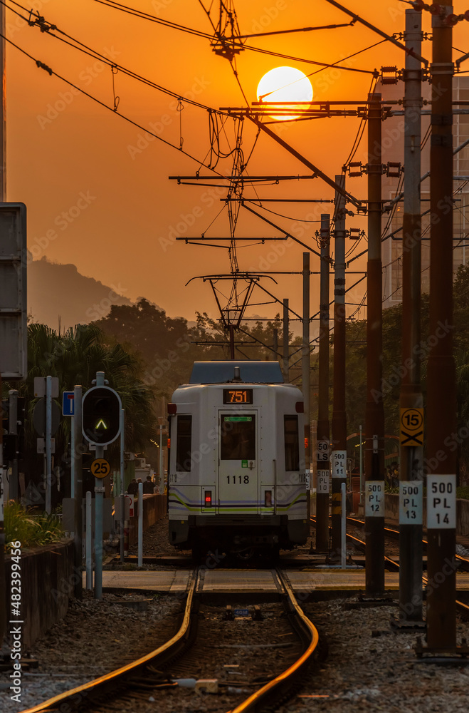 Hong Kong, China - December 29 2021: Light rail transit in Tin Shui Wai ...