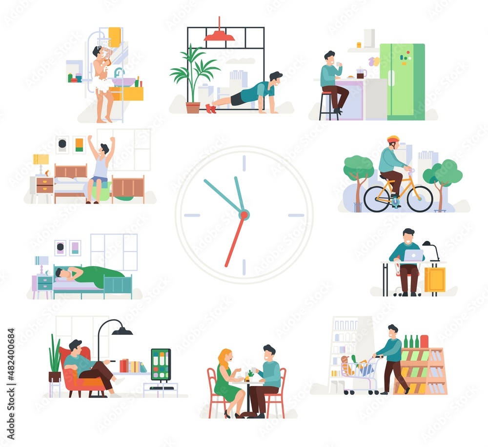 Male daily routine time. Scenes from life guy around large dial ...