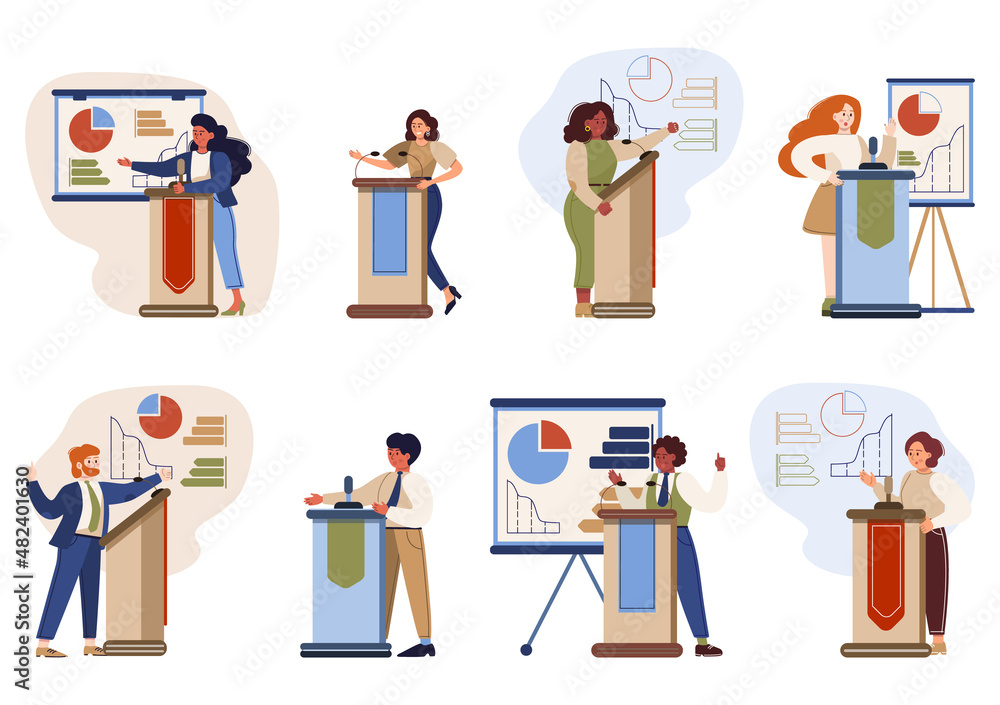 Poster Business people standing behind a lectern. Office worker perform ...