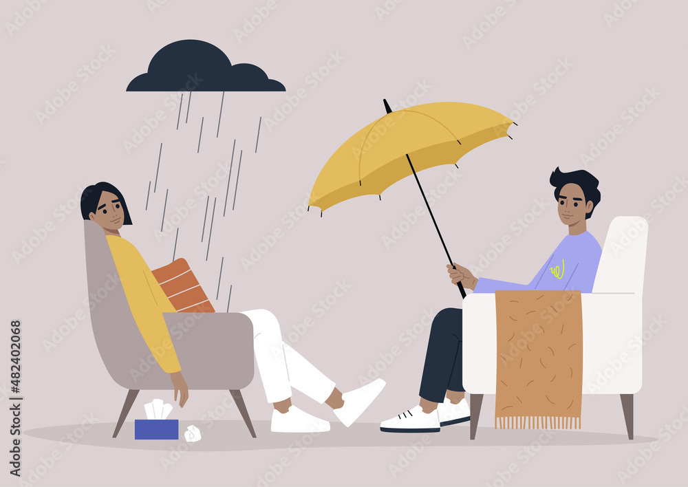 A psychotherapy session, a patient sitting under the rain cloud, a ...