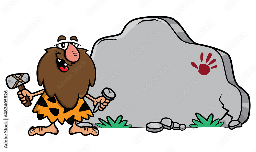 Poster Cartoon illustration of caveman writing inscription in stone ...
