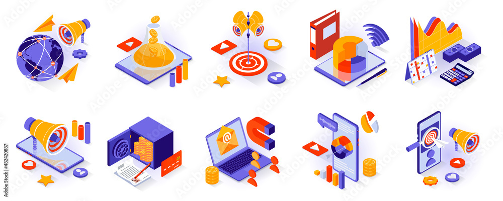 Business and marketing concept isometric 3d icons set. Global promotion ...