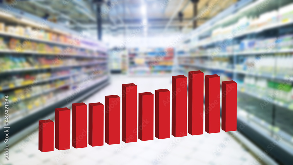 Growing business red graph chart 3d illustration on blurred aisle ...
