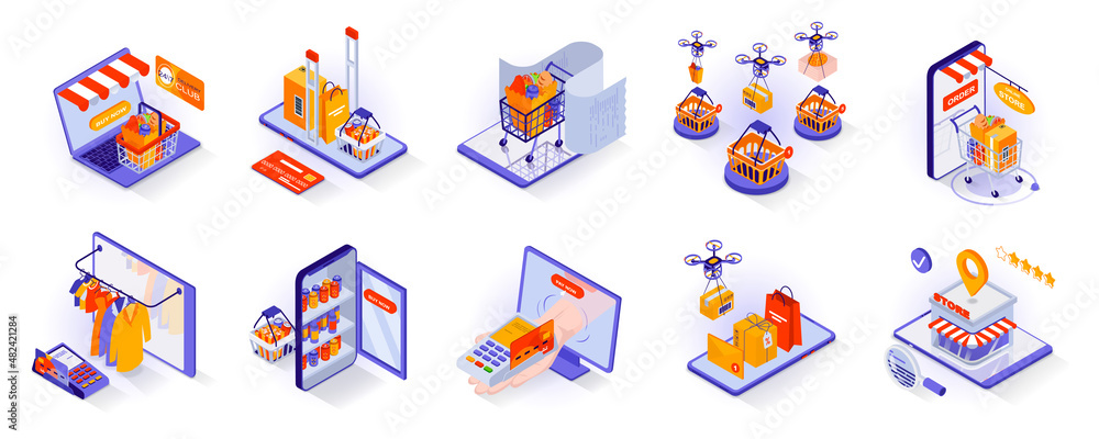 Online shopping concept isometric 3d icons set. Ordering goods using ...