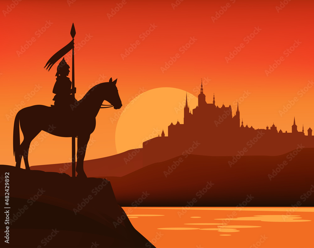 fantasy scene with sunset sky, lake shore, knight guard and medieval ...