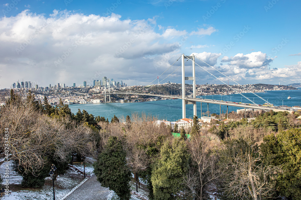 Istanbul Bosphorus panoramic photo. Beautiful sunset with clouds in ...