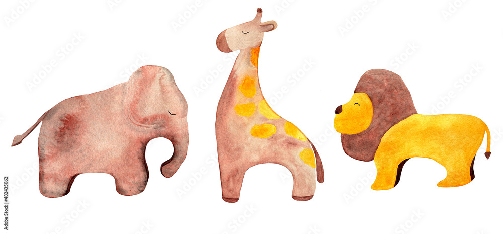 Watercolor cute cartoon wild animals. Giraffe, lion and elephant ...