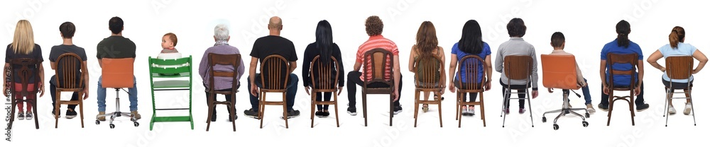 rear view of a group of people sitting on white background Stock Photo ...