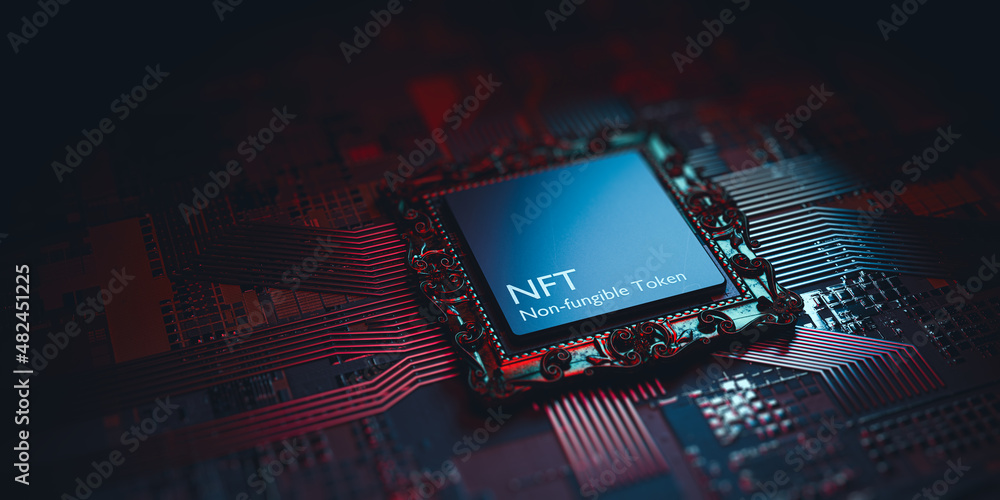NFT Non-fungible Token. Vintage golden picture frame with CPU chip and ...