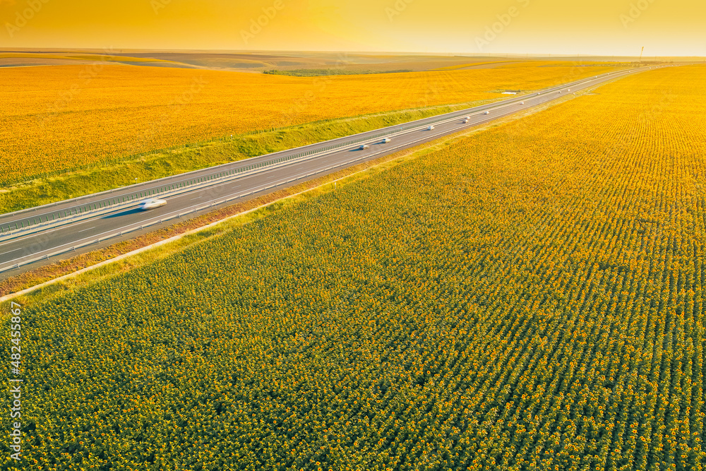 Aerial view of A2 beautiful highway motorway road in Romania through ...