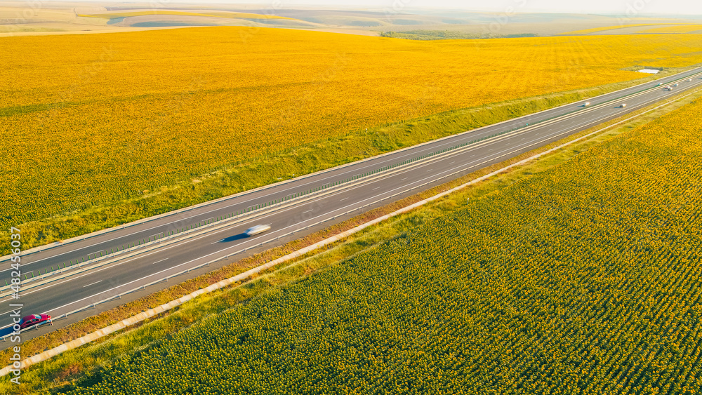 Aerial view of A2 beautiful highway motorway road in Romania through ...