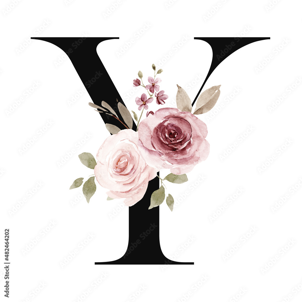 Monogram, letter y with watercolor flowers and leaf. Alphabet perfectly ...