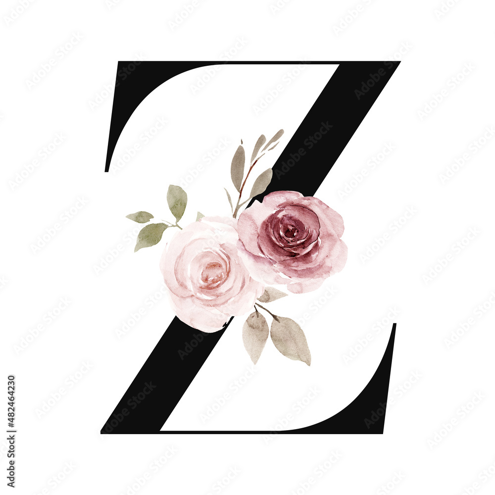 Monogram, letter z with watercolor flowers and leaf. Alphabet perfectly ...