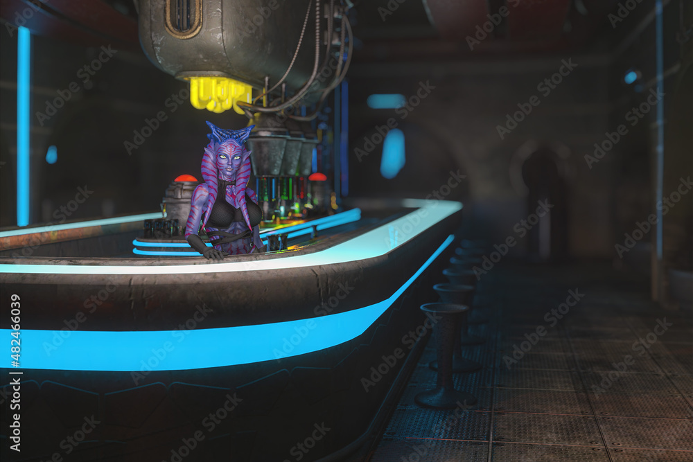 Alien female bartender in a fantasy futuristic bar on a planet in a far ...