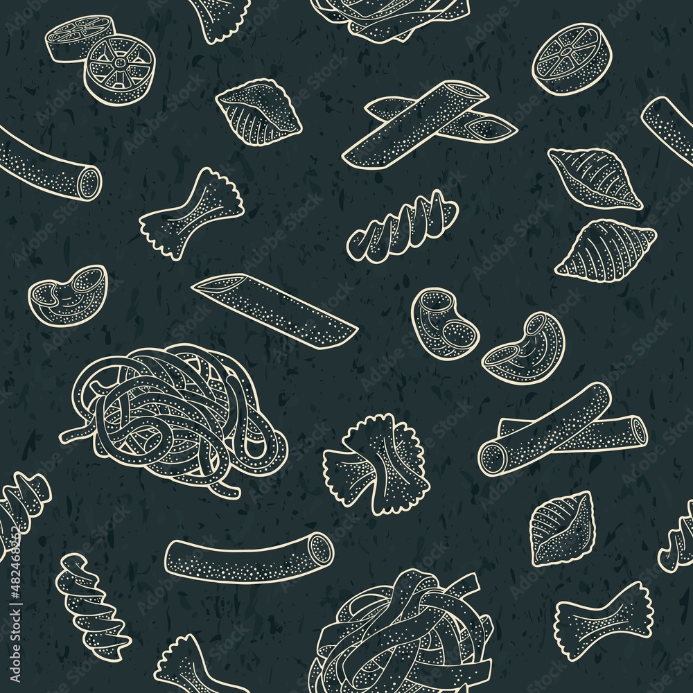 Seamless pattern set with different types of pasta. Vector vintage ...