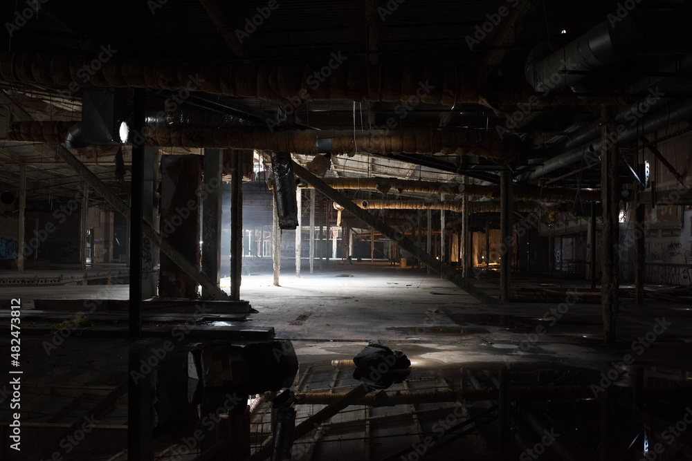 Abandoned shopping mall. Dark urban environment. Large scary place ...