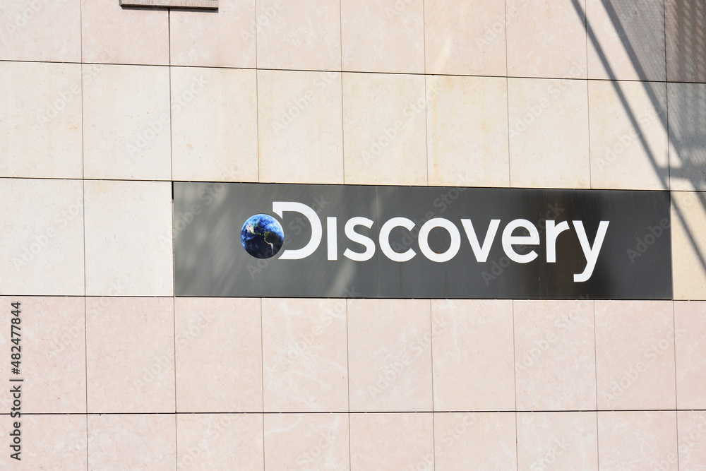 Discovery Channel logo, emblem, sign, signage on the facade of TV ...