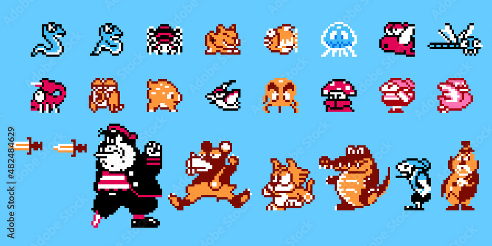 Set of enemies characters from 8-bit Mickey Mousecapade classic video ...