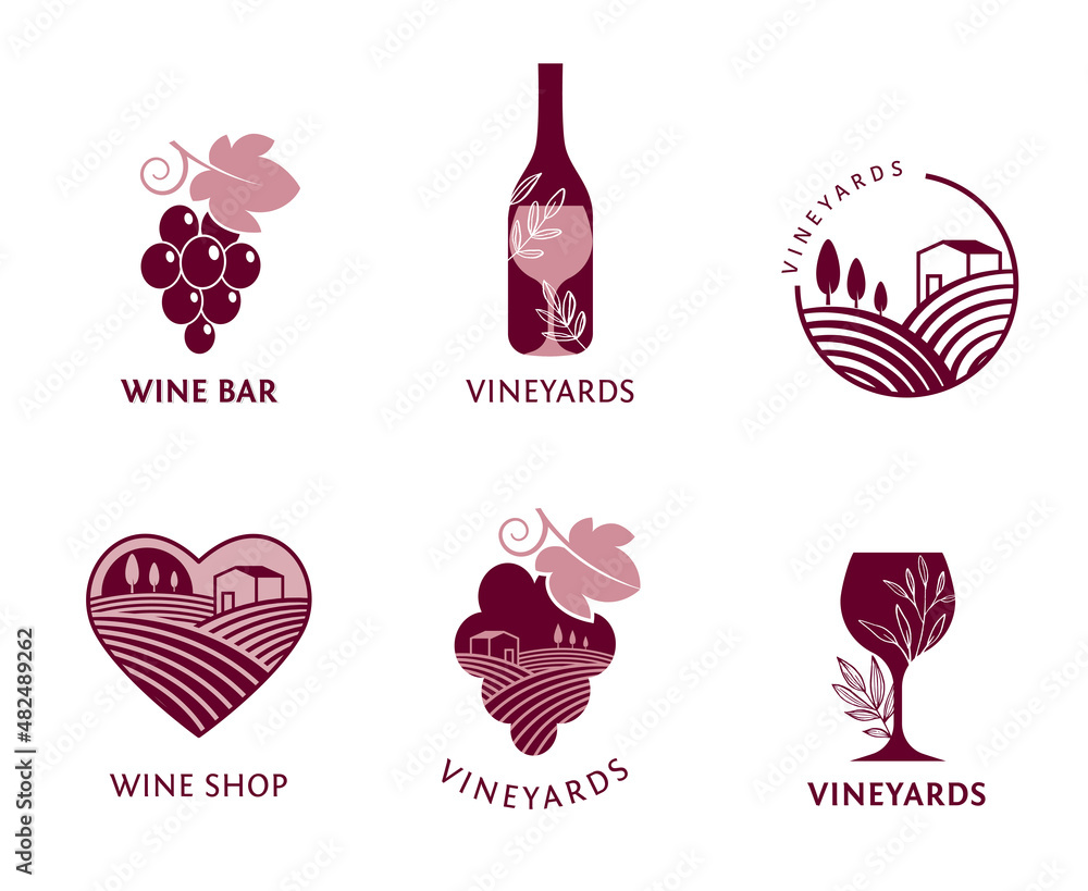 Wine, vineyard, organic natural winery logo collection. Vineyard field ...