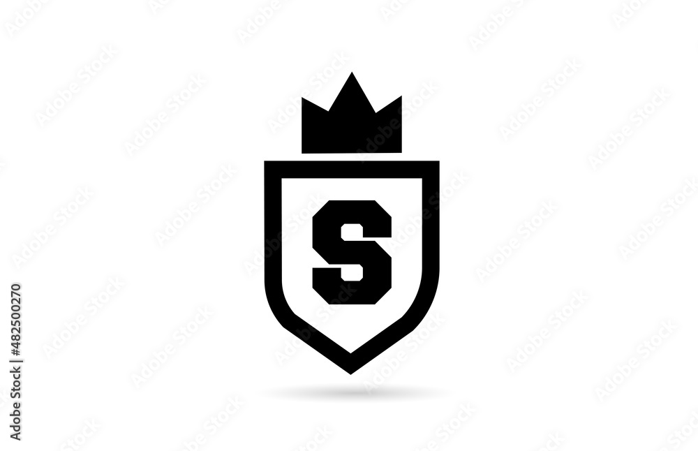 black and white S alphabet letter icon logo with shield and king crown ...