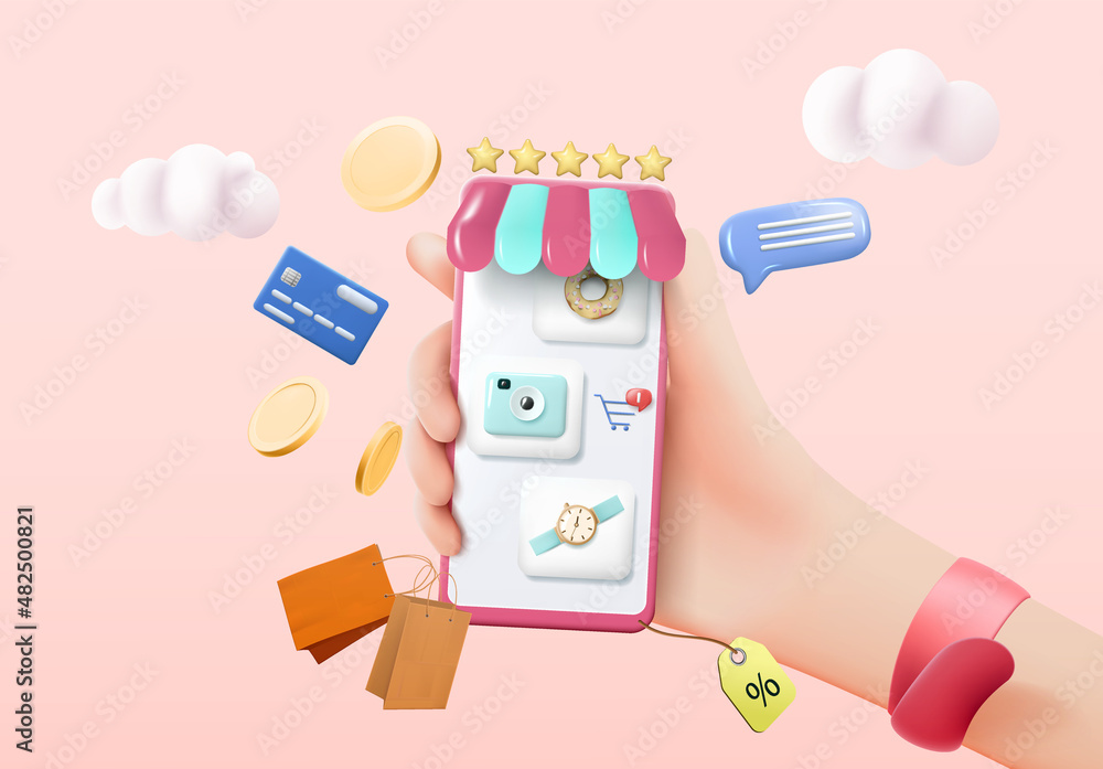 The hand holds a mobile smartphone for shopping in the store. Shop ...