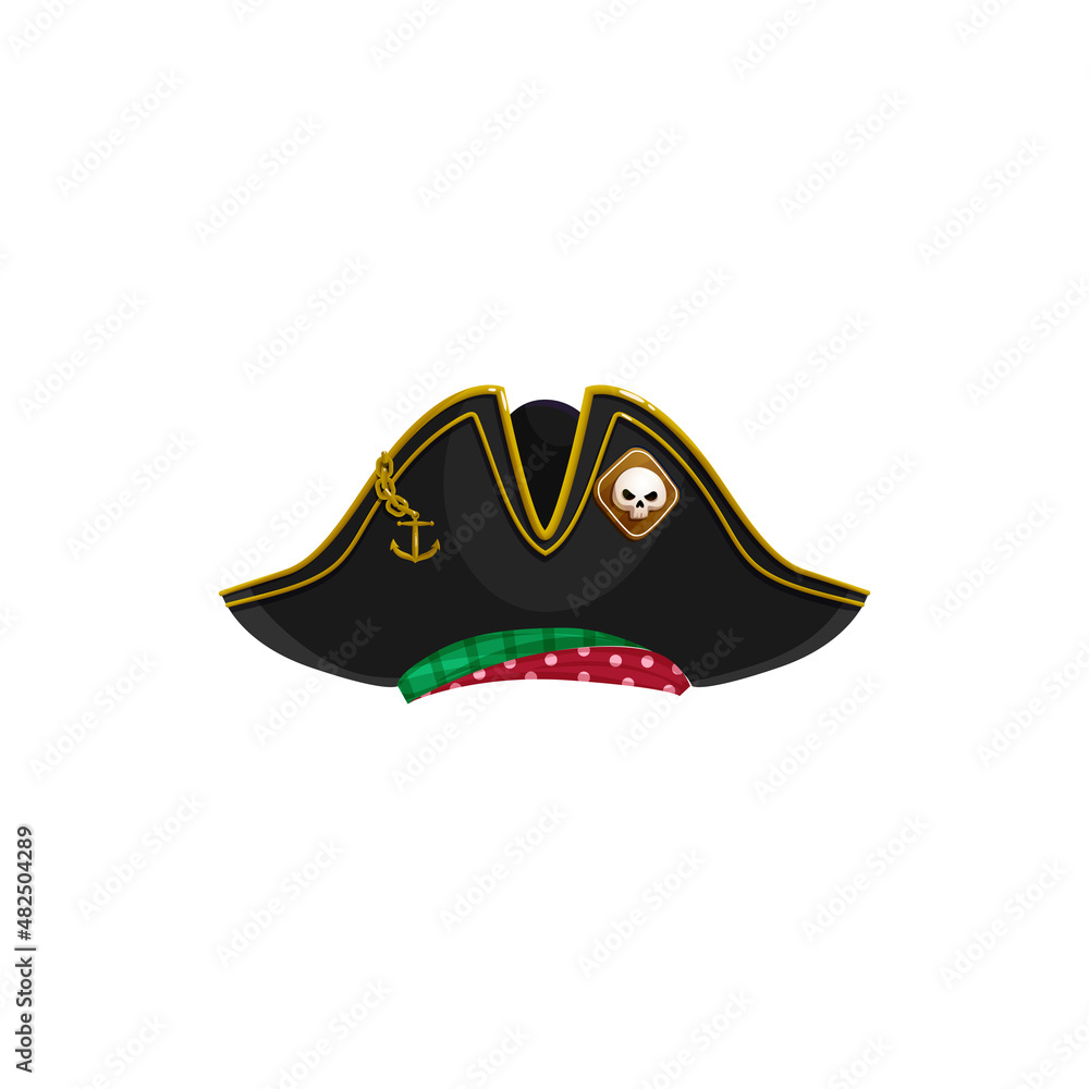 Pirate hat, captain headgear sailor cap with jolly roger skull, chain ...