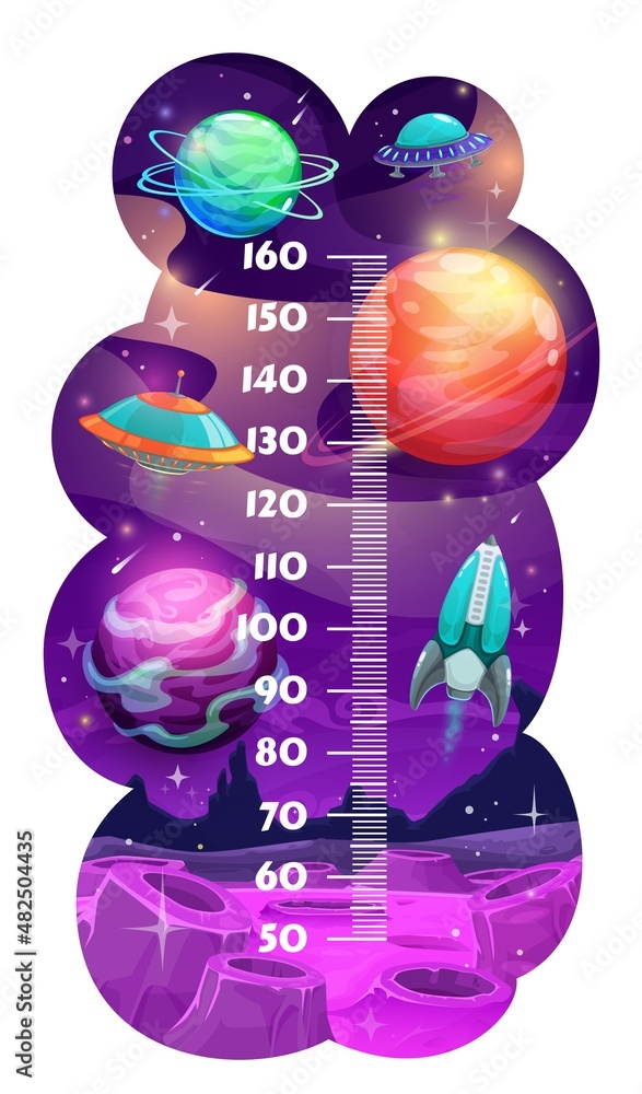 Kids height chart. Cartoon space planets, future spaceship or rocket ...