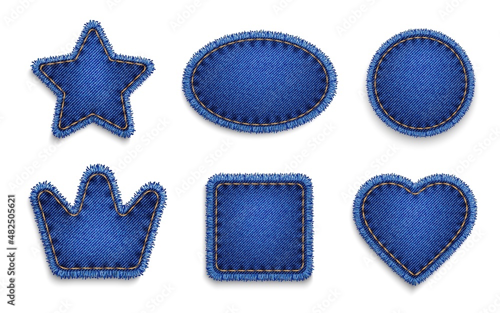 Blue jeans denim texture patches and labels. Vector crown, circle and ...