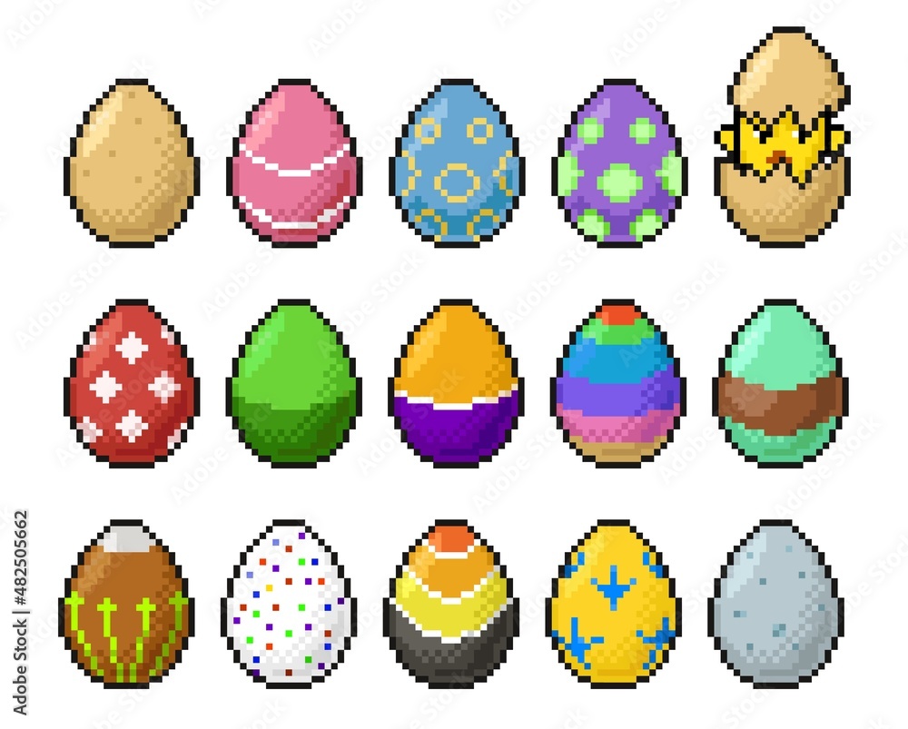 Vecteur Stock 8bit pixel art happy easter eggs and chicken icons. Retro ...