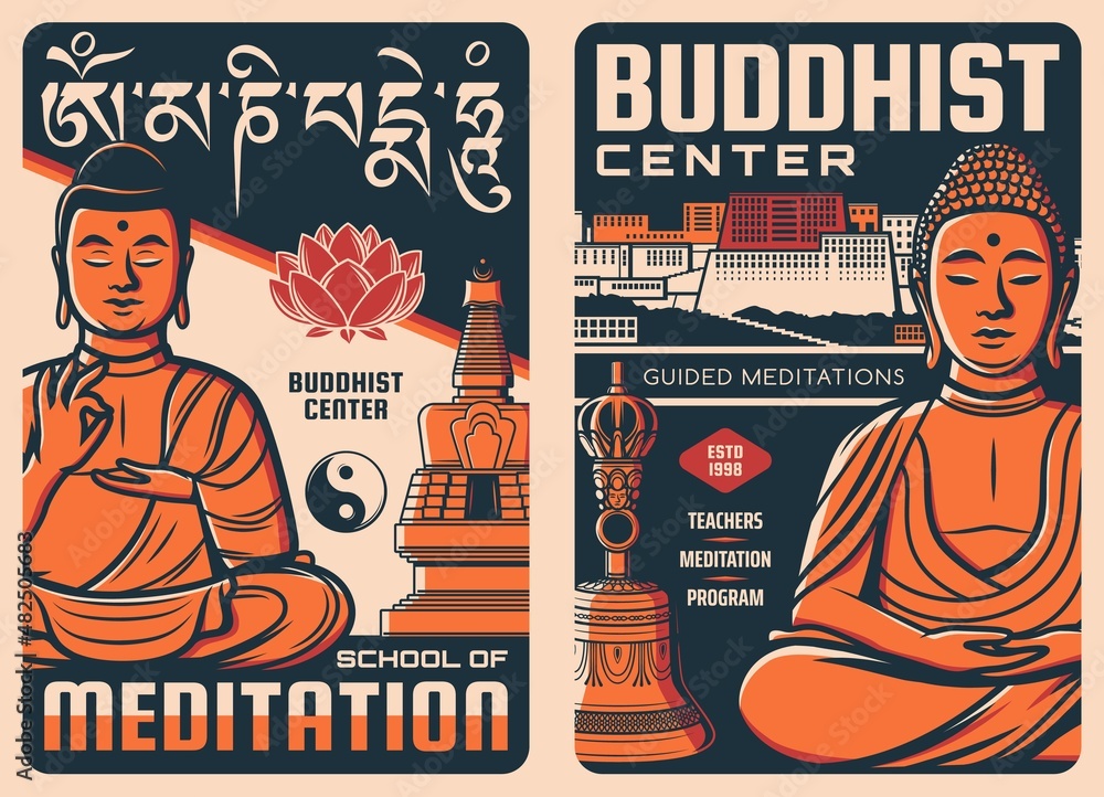 Buddhist center retro posters. Buddhism religion meditation school ...