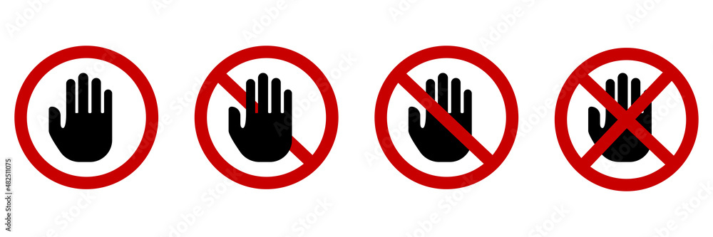 No hand icons. Red circle. Prohibited information sign. Stop touch ...