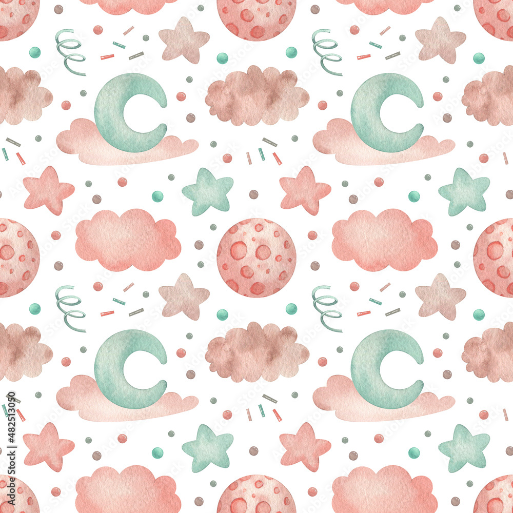 Watercolor hand drawn seamless pattern with cute pink and blue clouds ...