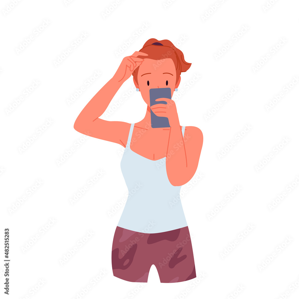 Girl taking selfie photo in mirror of gym for motivation vector ...