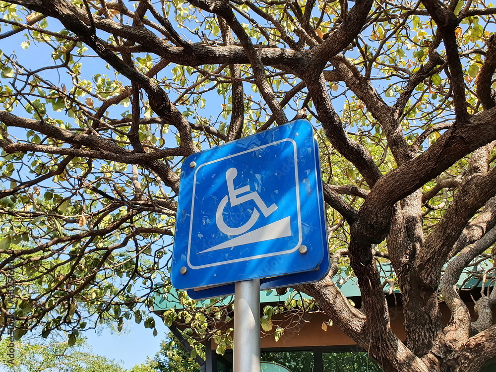 A white wheelchair ramp symbol on a dark blue background mounted on a ...