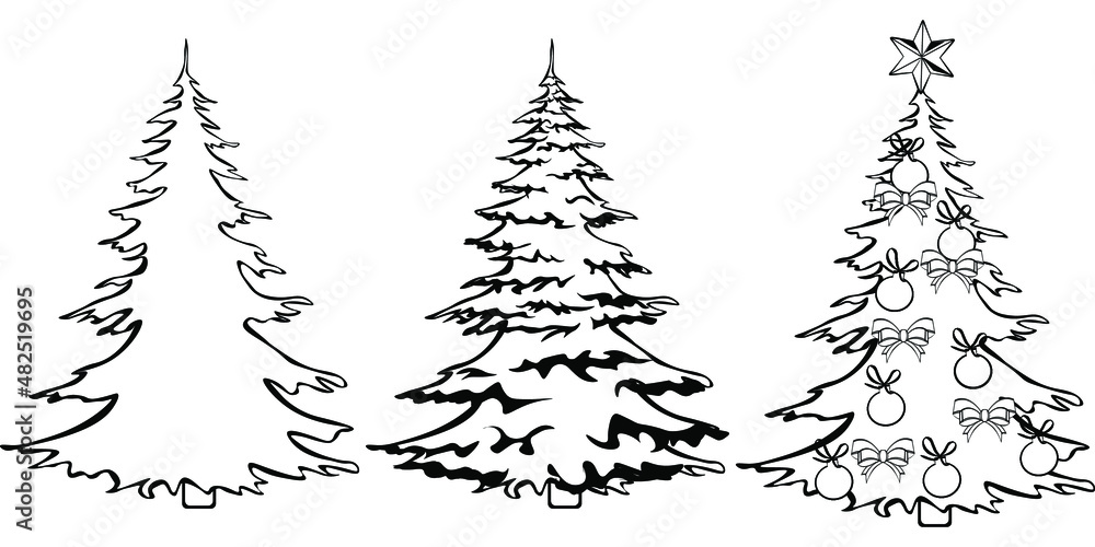 Black and white drawing of Christmas trees for coloring. Different ...